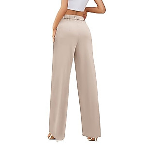onlypuff Women's Wide Leg Work Pants High Waist Long Straight Trousers Business Trousers with Pocket Beige M