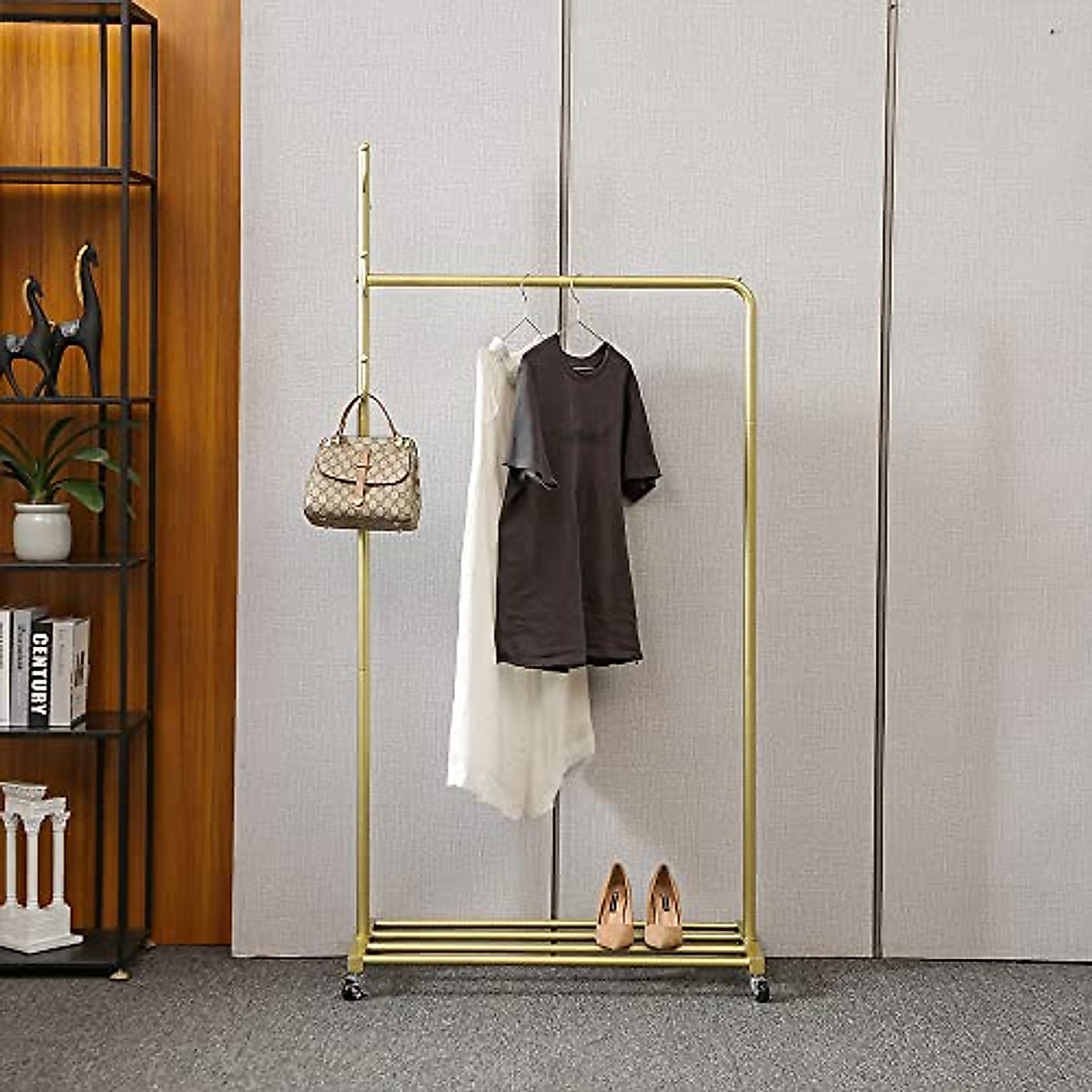 BOTAOYIYI Gold Clothing Garment Rack with Lockable Wheels, 3-in-1 Rolling Clothes Rack for Hanging Clothes, 5 Side Hooks and Bottom Shelves Organizing Clothes,Shoes,bags,hats