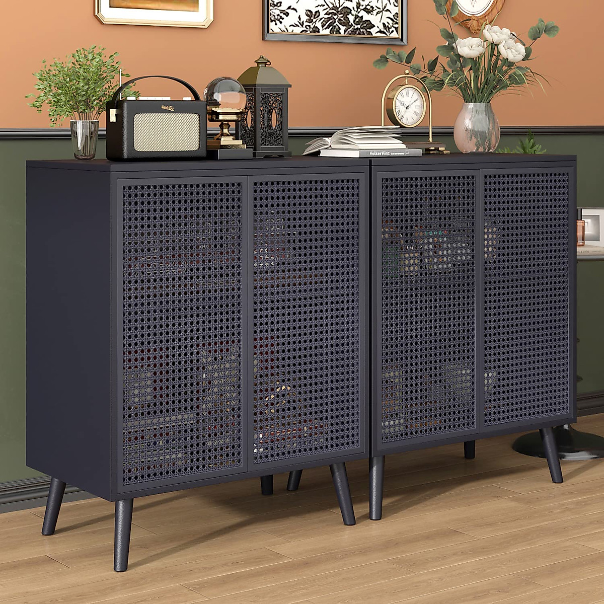 JZXSHD 2-Piece Metal Rattan Sideboard with 2 Doors for Kitchen, Living Room, Hallway, Black 2-Pack