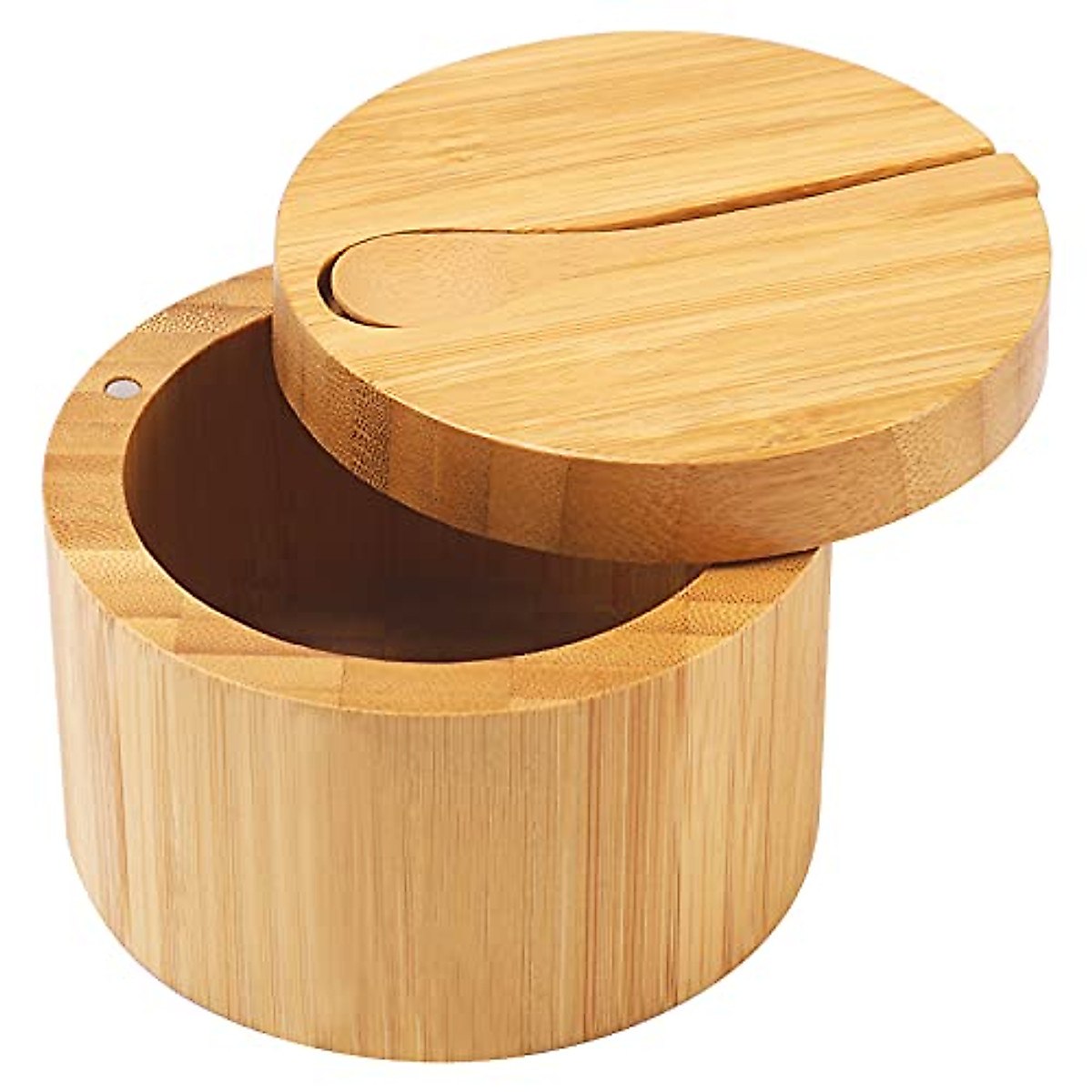 Bamboo Salt Cellar with Mini Spoon by HTB, Kitchen Salt Box with Swivel Magnetic Closure Lid, Round Salt Container to Storage Pepper Spice Bath Salt Sea Salt