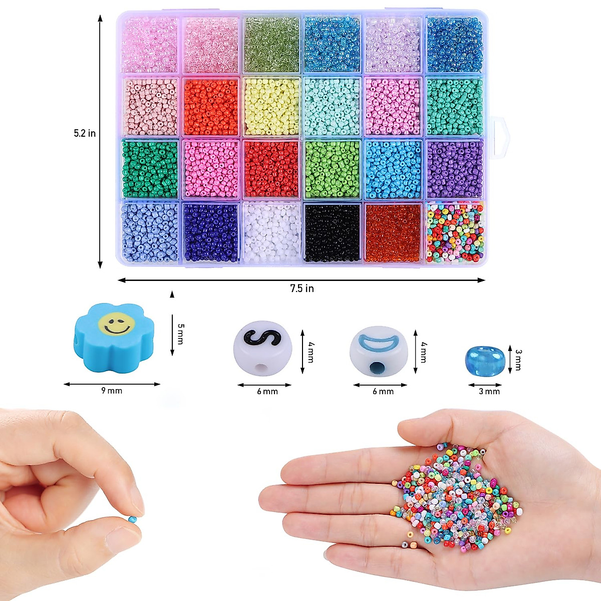 AnutriON 12000pcs 3mm Tiny Color Glass Seed Beads for Bracelets Making Kit and Smile Face Charm Beads Letter Beads for Friendship Bracelets Jewelry Making Necklaces and DIY Crafts Gifts