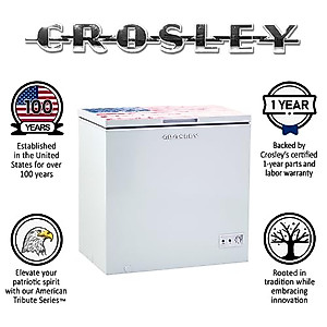 Crosley American Tribute 7cf Mini Deep Chest Freezer: Small & compact w/USA flag bunting outside lid. The best 4 garage, apartment, dorm, bar, bedroom, ice cream, frozen food & big family meat packs