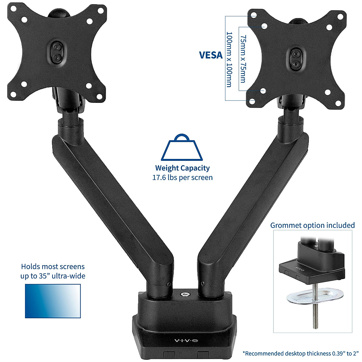 VIVO Premium Aluminum Full Motion Dual Monitor Desk Mount Stand with Lift Engine Arm, Fits Ultrawide Screens up to 35 inches, STAND-V102BB