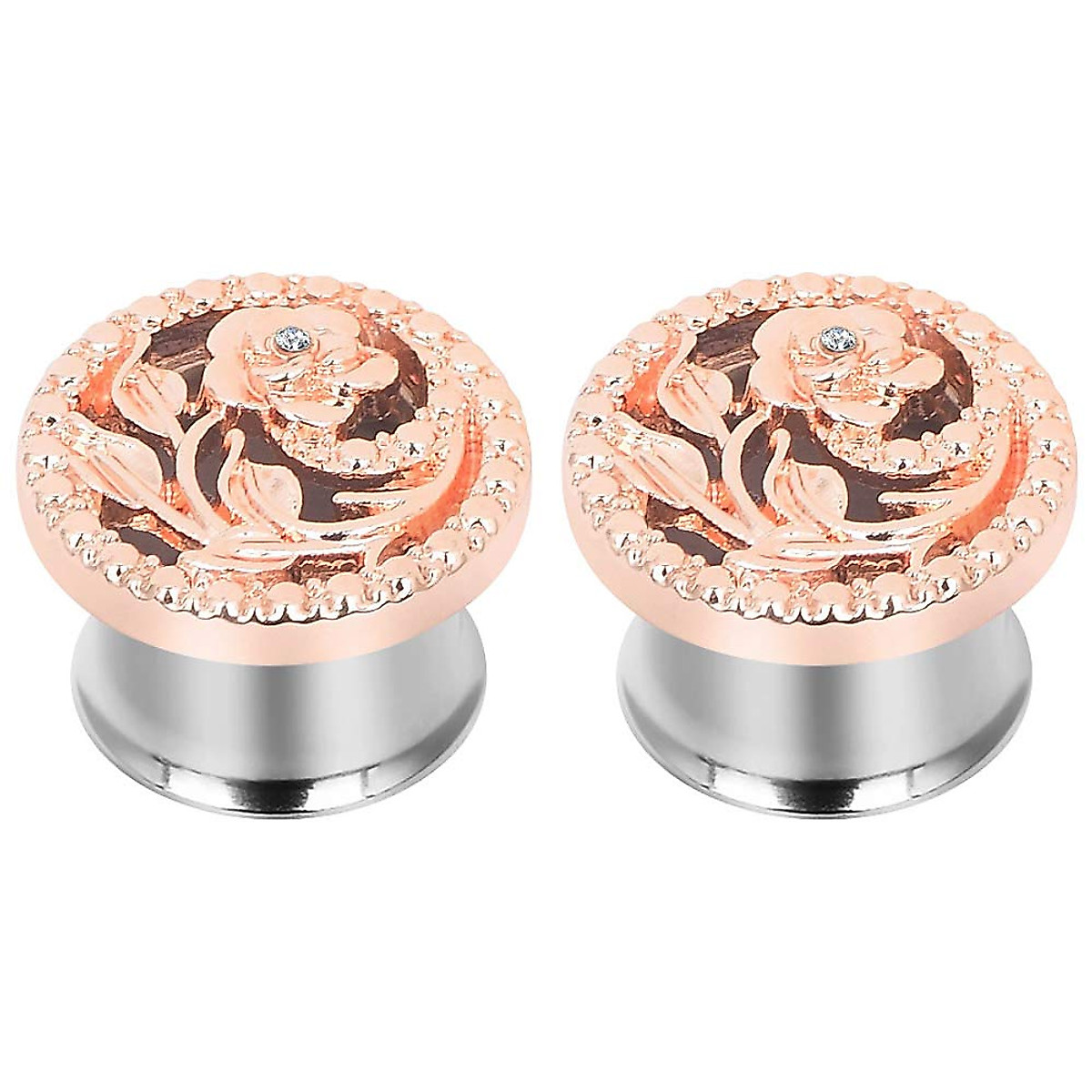 Stuppendux Stainless Steel Gold Diamond Rose Double Flared Flesh Ear Tunnels Plugs Stretcher Expander Kit Gauge 0g 8mm
