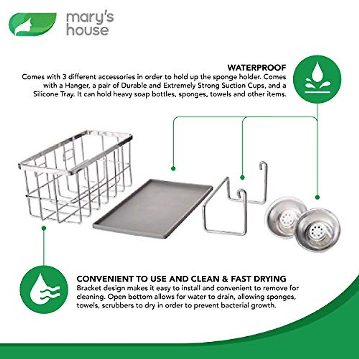 Heavy Duty Sink Caddy for Wet Dish Rag and Sponge Holder - Hang, Suction, or Counter Use - by Mary's House