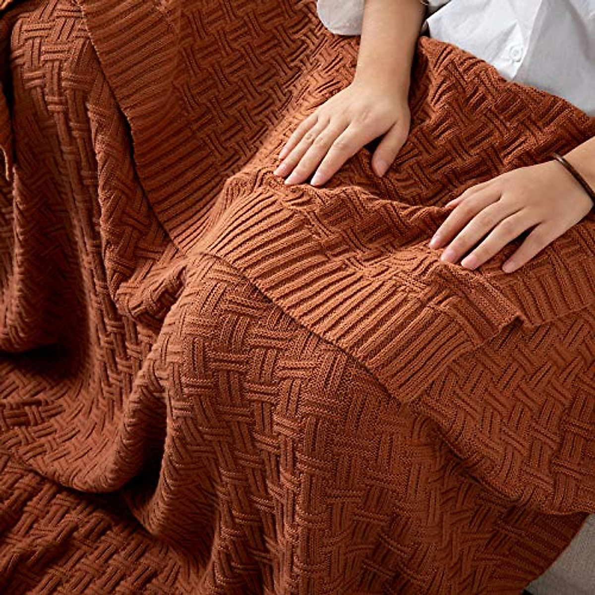 RUDONG M Brown Cotton Cable Knit Throw Blanket, Cozy Warm Knitted Couch Cover Blankets, 60 x 80 Inch