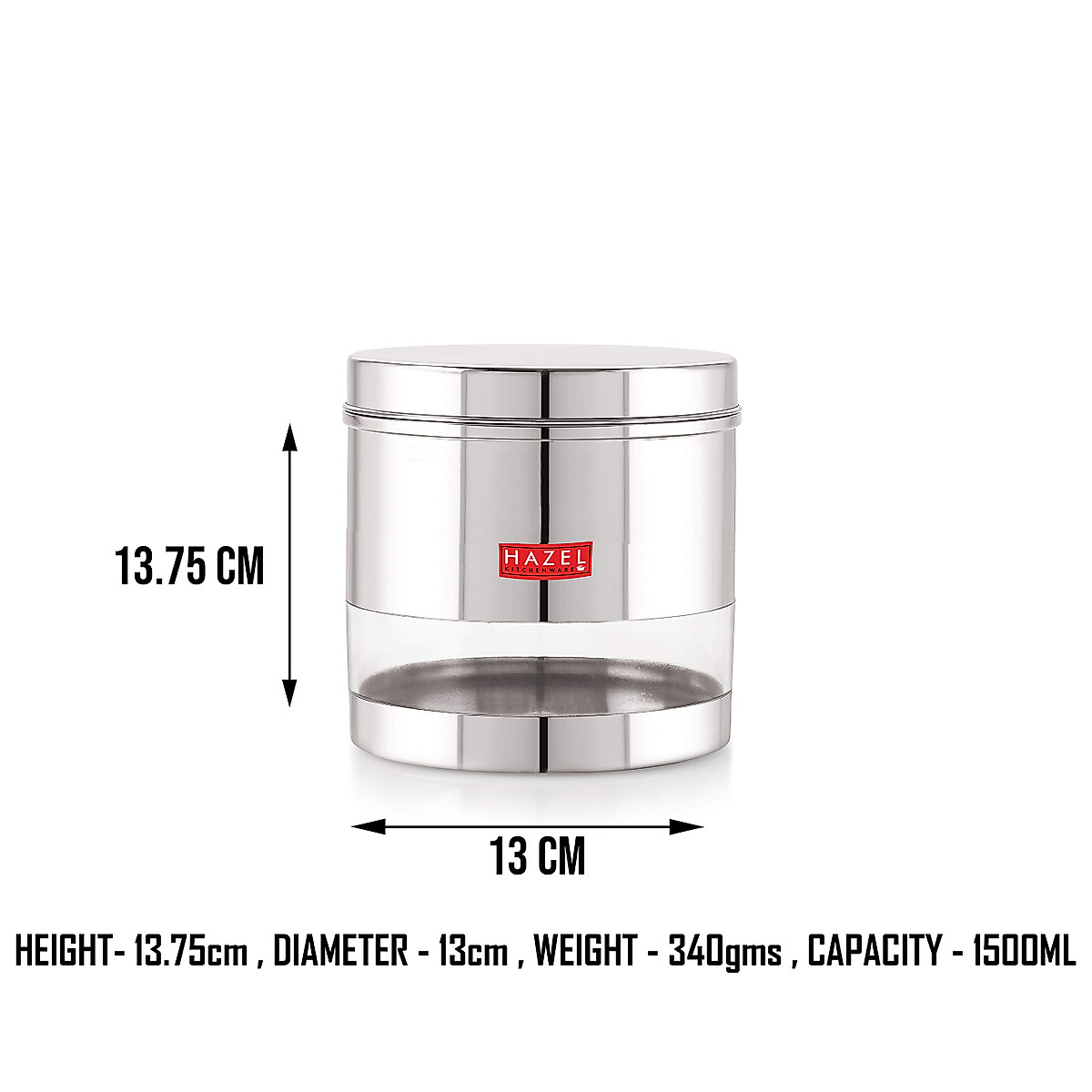 HAZEL Stainless Steel Containers Set For Kitchen Storage Transparent See Through Glossy Finish Storage Jars Dabba, Set of 6, 1500 ML Each, Silver