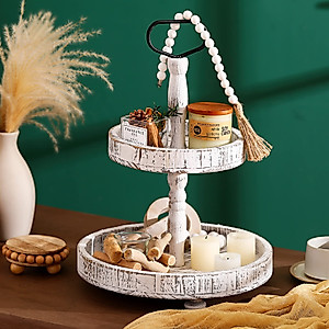 Tiered Tray Cupcake Stand 2 Tiered Tray Stand and Wood Beads Decorative Trays with Handle, Round Rustic Stand for Kitchen, Homeware Display Platters for Party (White)