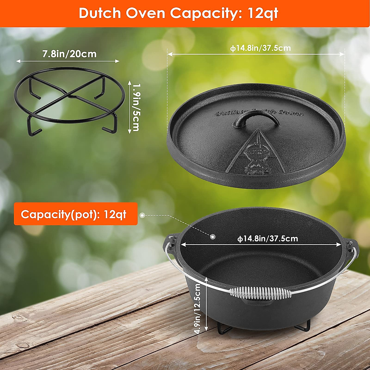 LIFERUN Dutch Oven Pot with Lid, 12 Quart Cast Iron Dutch Oven, without Feet, with Stand & Spiral-shaped Handle, Cast Iron Pot for Outdoor & Indoor