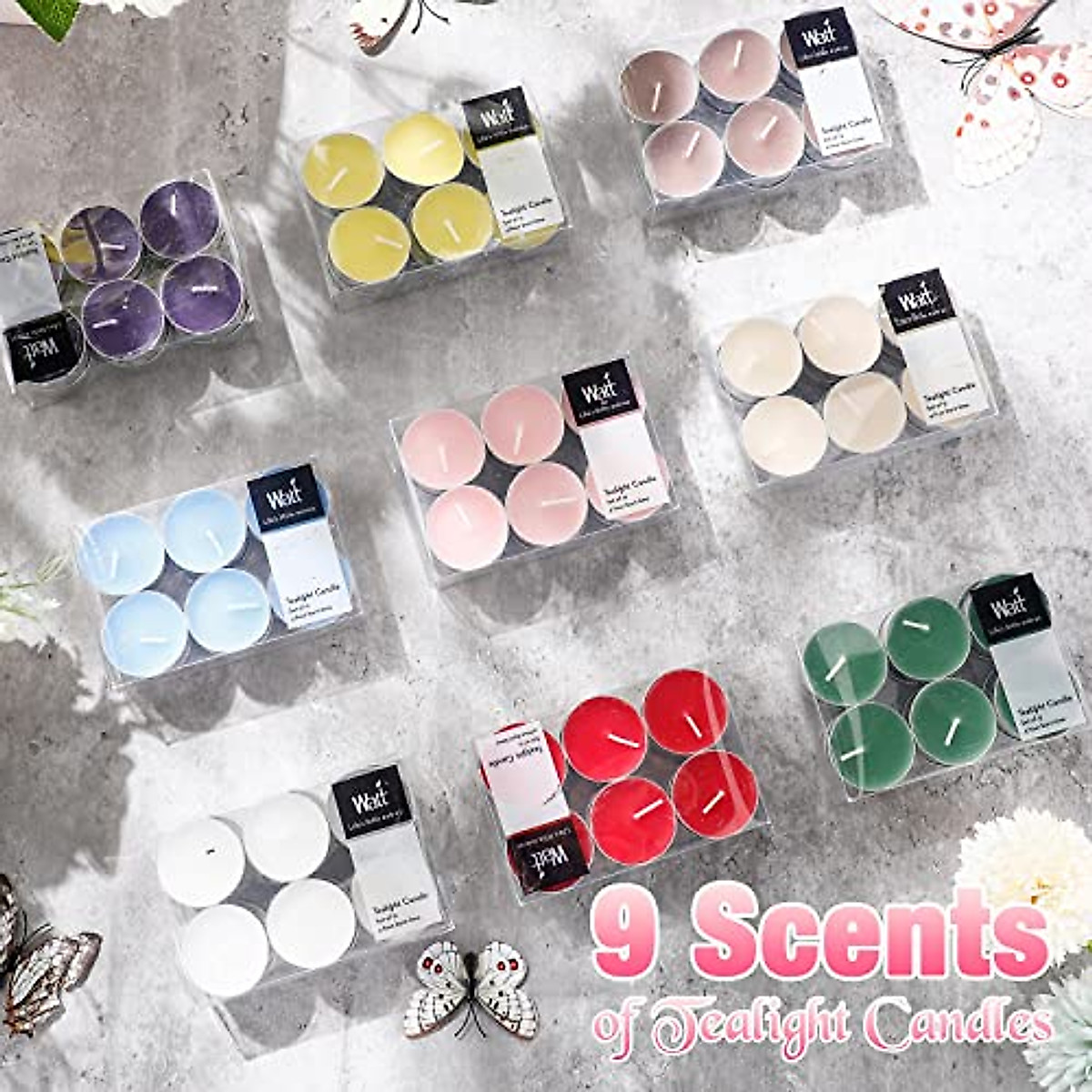 108 Pcs Scented Tea Lights Candles Variety Pack 9 Scents Mini Candles Set Small Scented Tealight Candles Bulk, Lavender Vanilla Cinnamon Rose Lemon Green Tea Cherry Blossom Ocean and Jasmine