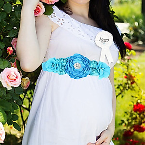 GDTO8820 CoolerthingsDG, 3pcs 2 badges and a belt Blue, Baby Blue Maternity Sash & Daddy to Be Corsage Set - Baby Shower Sash Baby Boy Pregnancy Sash Keepsake Baby Shower Flower Belly Belt