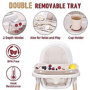Baby High Chair, 7-in-1 Convertible Wooden High Chair, Rocking Chair Recline Chair with Adjustable Hardwood Leg, High Chairs for Babies and Toddlers, Double Dishwasher Safe Tray & Premium Leatherette