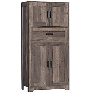 Quimoo Tall Bathroom Cabinet, Bathroom Storage Cabinet with Large Drawer & Adjustable Shelf, Bathroom Storage Cabinet with 4 Doors for Living Room, Bedroom, Home Office, Grey Wash