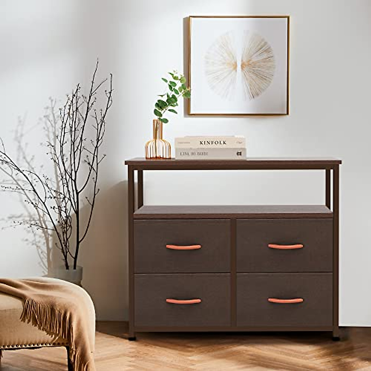 AZL1 Life Concept Storage Dresser with Shelves-Storage Chest for Bedroom, Living Room, Hallway, Closet Organizer with Sturdy Steel Frame, Wooden Shelf, Removable Fabric Drawers, Coffee