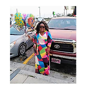 Locryz Women's V Neck 3/4 Sleeve Digital Printed Loose Long Maxi Party Dress with Belt (M, Blue)