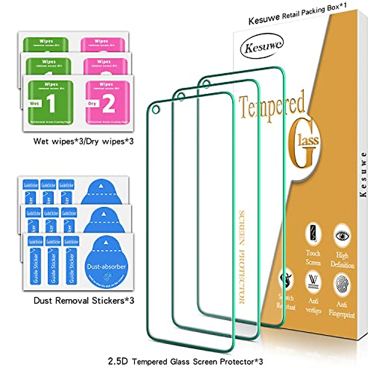 Kesuwe [3 Pack] Screen Protector For OnePlus Nord N10 5G Tempered Glass, HD Clear, 9H Hardness, Anti-Scratch, Bubble-Free, Easy to Install, Case Friendly