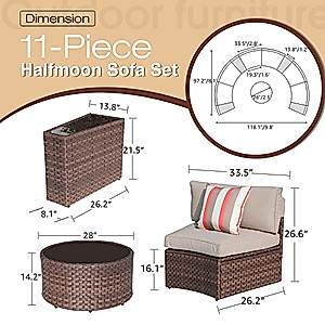 SUNSITT Outdoor Sectional Set 11-Piece Half Moon Patio Furniture Brown Wicker Sofa Beige Cushions with 4 Side Table and 4 Pillows