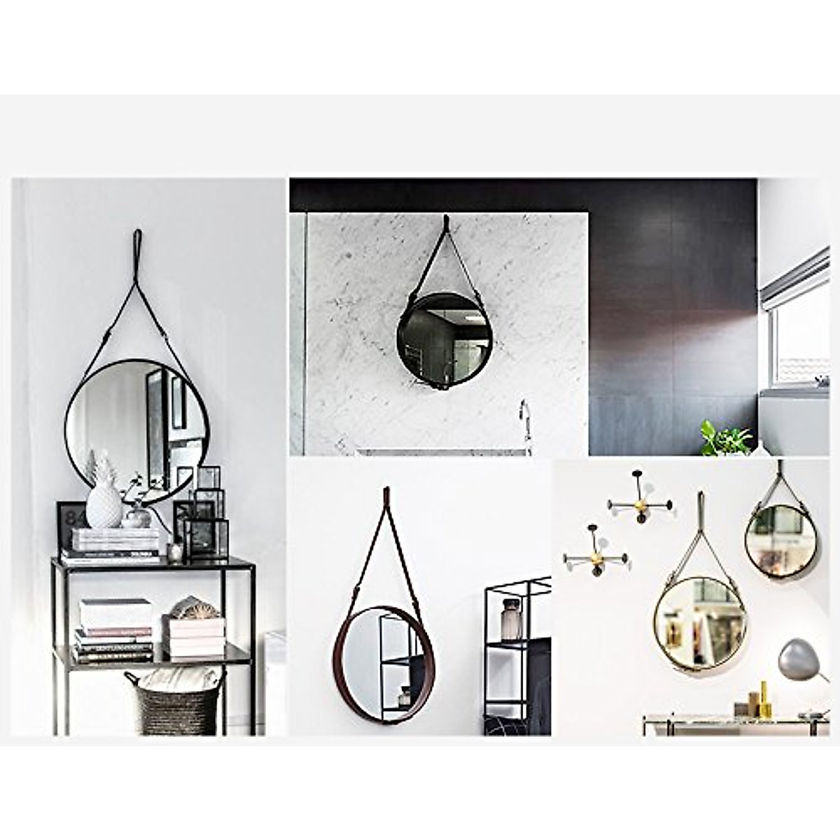 Gurfuy Round Hanging Mirror with PU Leather Strap Hanger Leather Framed Mirror for Home Decor Wall Mounted Large Circle Hanging Mirror for Entryway Bathroom Living Room Bedroom Washroom (Brown-20inch)