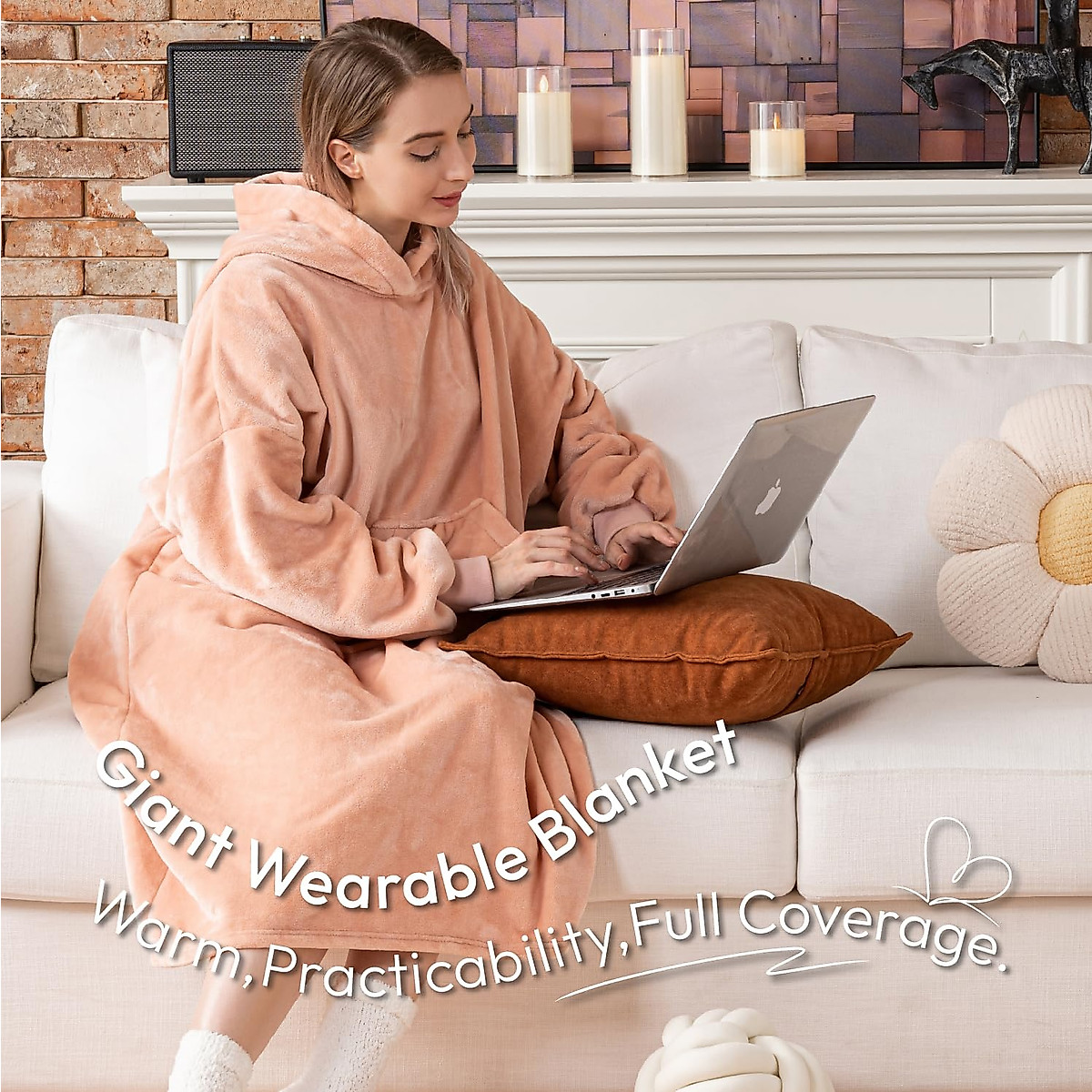 Wearable Blanket Hoodie for Women/Kids/Men, Oversized & Cozy Sherpa Lined Hoodie Sweatshirt Blanket(Pink,Long)