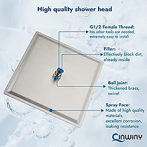 Cinwiny 12 Inch Shower Head Rainfall Brushed Nickel Luxury Square SUS304 Rain Showerhead High Pressure 1/16" Ultra-thin Adjustable Angles Waterfall Full Body Coverage with Silicone Nozzle
