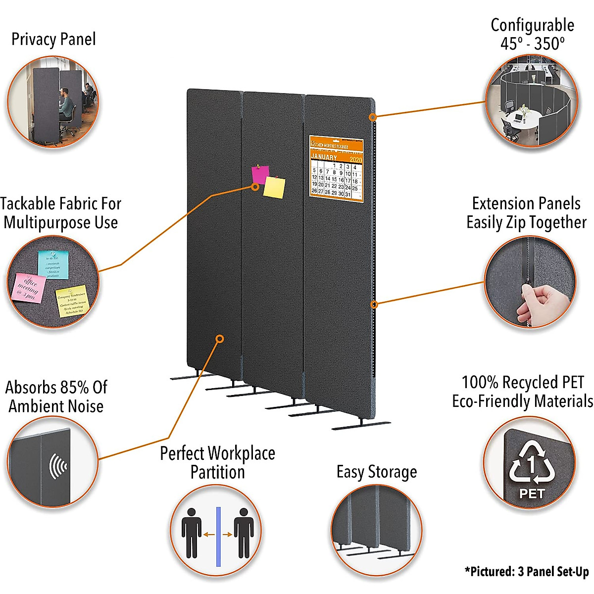Stand Steady ZipPanels Office Partition | Room Dividers | Three Zip Together Panels Provide Privacy and Reduce Ambient Noise in Workspace, Classroom and Healthcare (Dark Gray)