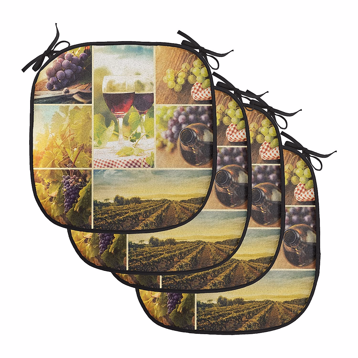 Lunarable Rustic Chair Cushion Pads Set of 4, Rustic Style Collage of Wine Glass Grapes and Vineyard Qualified Harvest Village, Anti-Slip Seat Padding for Kitchen & Patio, 16"x16", Green Red
