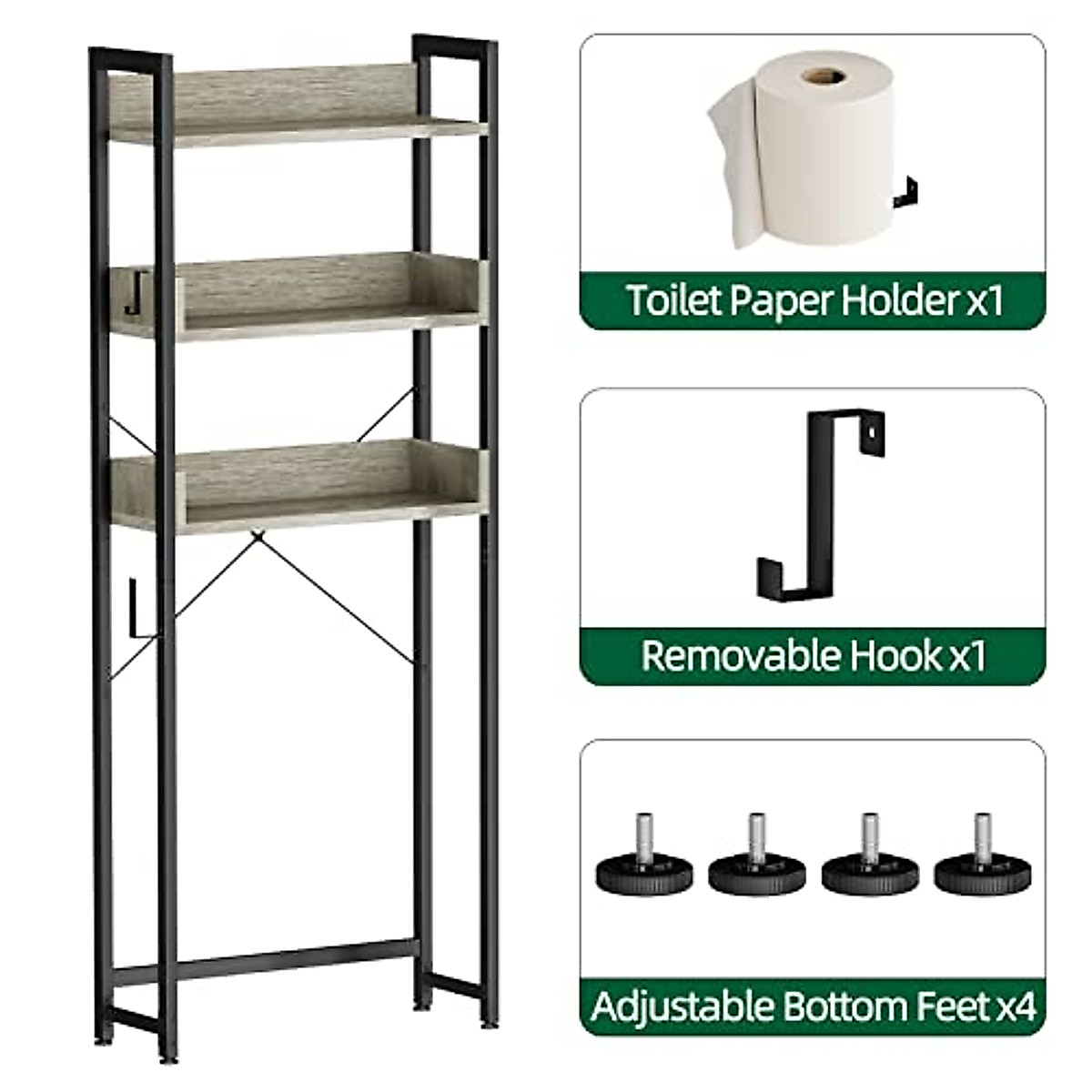 OTK Over The Toilet Storage, 3 Tier Bathroom Organizer Shelf, Freestanding Space Saver with Toilet Paper Holder, Multifunctional Over The Toilet Rack, Grey
