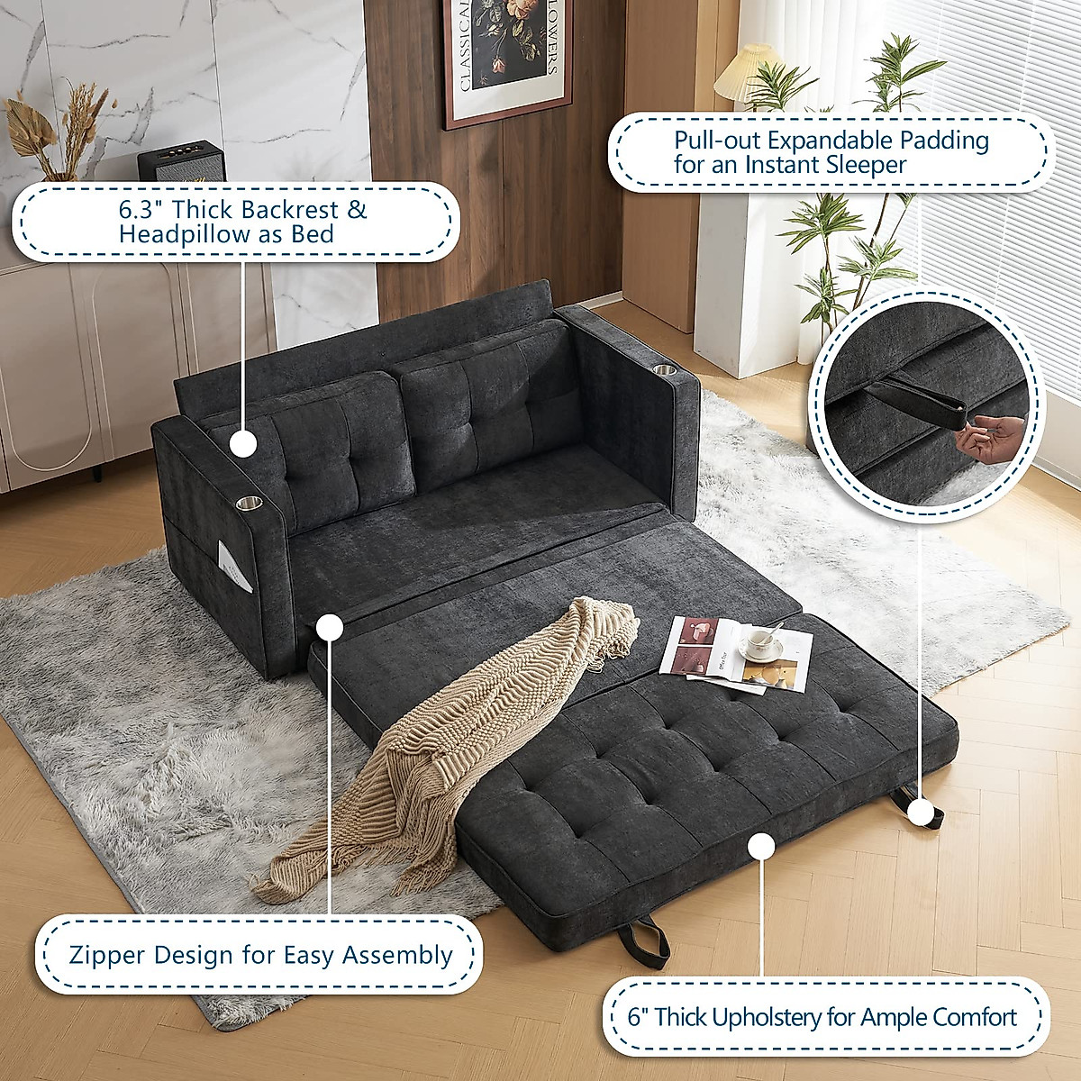 VINGLI Upgraded 64" W 84" L Full Size Futon Sofa Bed, 6" Thick Upholstery Chenille Loveseat Sofa Sleeper Pull Out Couch,Convertible Floor Couch for Living Room, Bedroom, Entertainment Room, Dark Grey