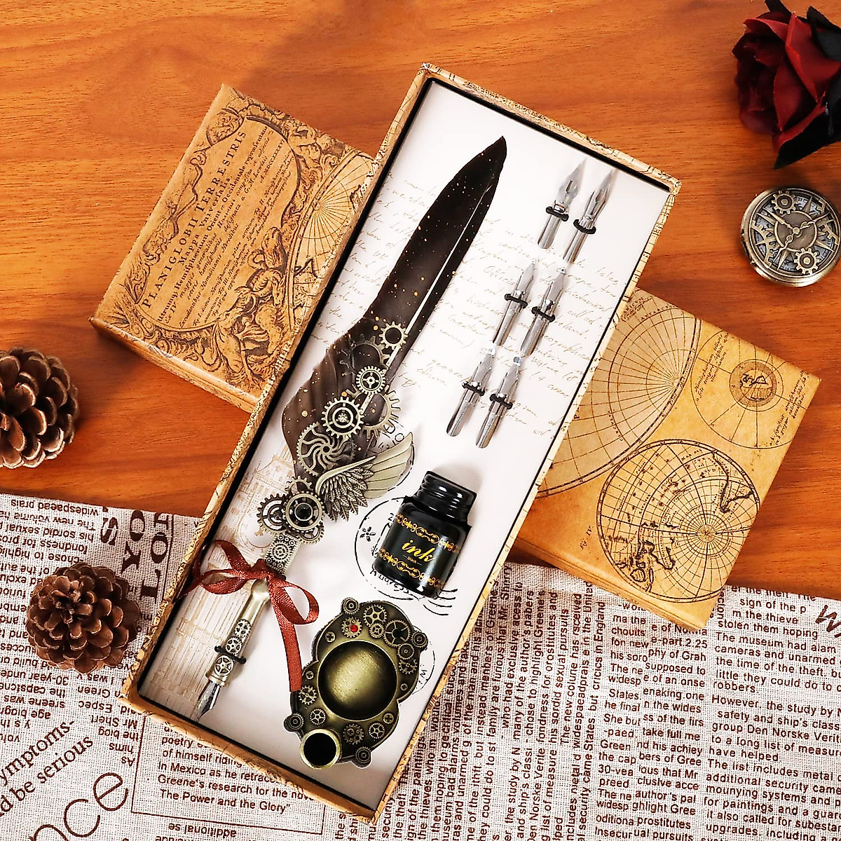 Feather Pen Set,Calligraphy Fountain Dip Feather Pen and Ink Set for Writing,Christmas Gift for Handwriting Lovers Birthday Gift,Luxury Vintage Signature Pen-Grey