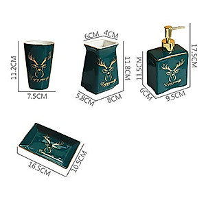 Soap Dispenser Hand Soap Dispenser Bathroom Accessories Set 5-Piece Green Ceramic Bath Accessory Completes with Lotion Dispenser/Soap Pump Toothbrush Holder Tumbler Mini Storage Tray Golden Deer Head