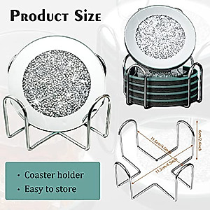 7 Pcs Glass Mirrored Coaster Holder Set, 6 Pcs Silver Crushed Crystal Coasters with Holder for Drinks Glitter Crushed Diamond Decor on Tabletop for Home Kitchen Table Bar Accessories (Round)