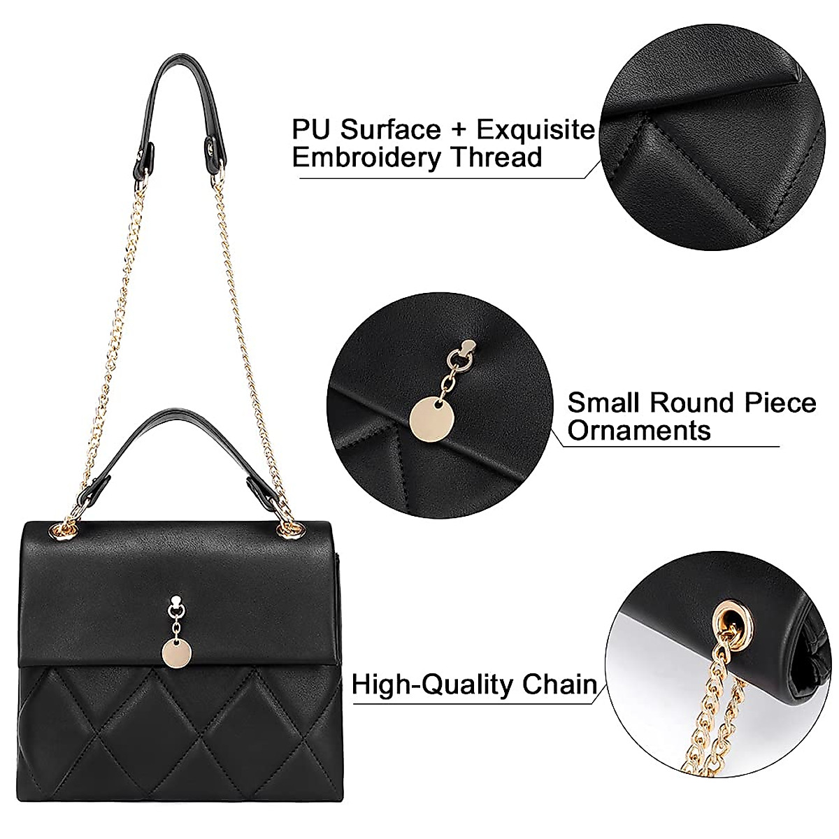 CLUCI Crossbody Bags for Women Small Vegan Leather Designer Handbags Leather and Metal Chain Strap, Ladies Shoulder Bag Black