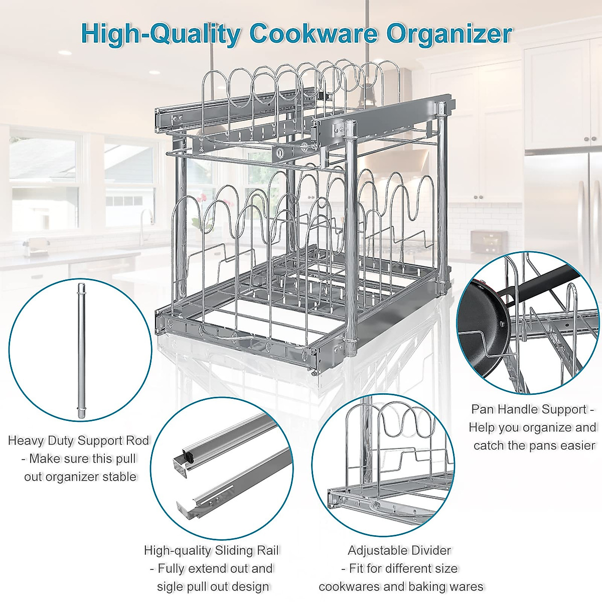 TQVAI Pot and Pan Organizer for Cabinet, Pot Lid Organizer Rack, Pull Out Sliding Cabinet Organizer - Separate Full-Extension Guide Rail - Cabinet Request at Least 15" W x 22.5" D x 22.5" H