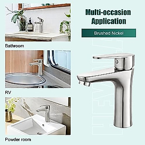 Heyalan Brushed Nickel Bathroom Faucet Single Handle 1 Hole SUS304 Stainless Steel Deck Mount Lavatory Single Switch Basin Sink Hot and Cold Water Mixer Tap with Pop Up Drain