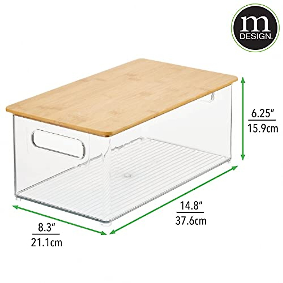 mDesign Plastic Stackable Storage Organizer Container Bin with Handles, Bamboo Wood Lid; for Kitchen, Pantry, Cabinet Organization; Holds Packaged Food, Snacks; Ligne Collection, 8 Pack, Clear/Natural