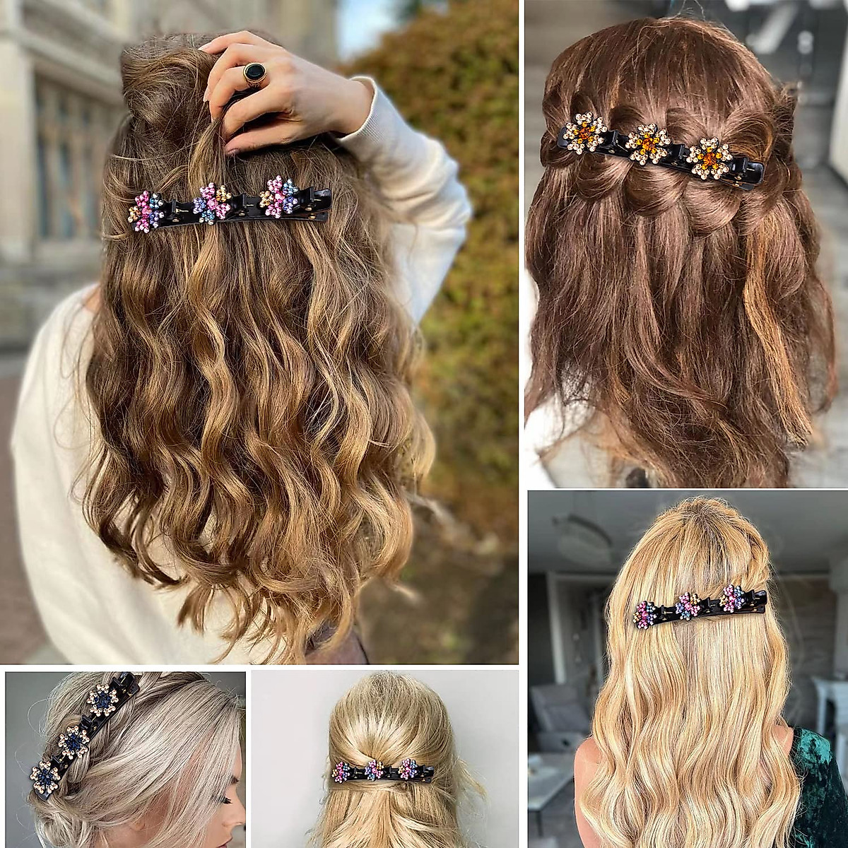 Sparkling Crystal Stone Braided Hair Clover Clips for Thick Thin Hair, Girls / Women Hair Accessories for Styling Sectioning, Large, 8 Pcs