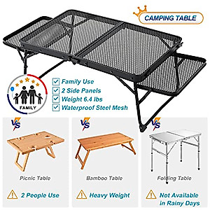 SKIKEN Small Low Camping Table with Wing Panels, Folding Low Picnic Table, Sturdy Steel Mesh Outdoor Table, Waterproof and Heat Resistant, Aluminum (3ft, Black)