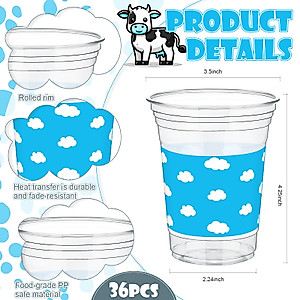 Willinglong 36 Pcs Blue Sky White Clouds Birthday Party Supplies 12 oz Cartoon Story Plastic Thick Clear Cups Disposable Plastic Cups for Birthday Baby Shower Blue Party Decorations