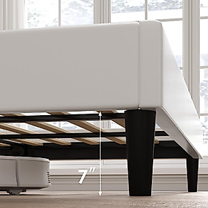 HIFIT Full Size Bed Frame, Full Modern PU Leather Upholstered Platform Bed with Button Tufted Adjustable Headboard and Solid Wood Slats Foundation, No Box Spring Needed, No Noise, Easy Assembly, White