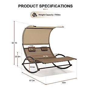 Crestlive Products Outdoor Double Chaise Lounge Chair with Canopy & Wheels, 2 Person Patio Rocking Lounge Chair with Sun Shade & Headrests for Garden, Backyard, Poolside (Brown)