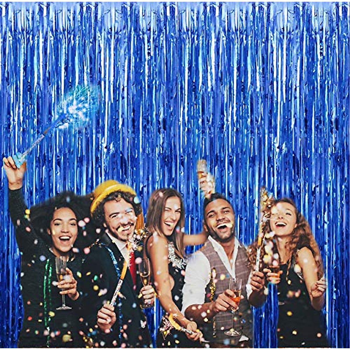 FECEDY 2pcs 3ft x 8.3ft Navy Blue Metallic Tinsel Foil Fringe Curtains Photo Booth Props for Birthday Wedding Engagement Bridal Shower Baby Shower Bachelorette Holiday Celebration Party Decorations