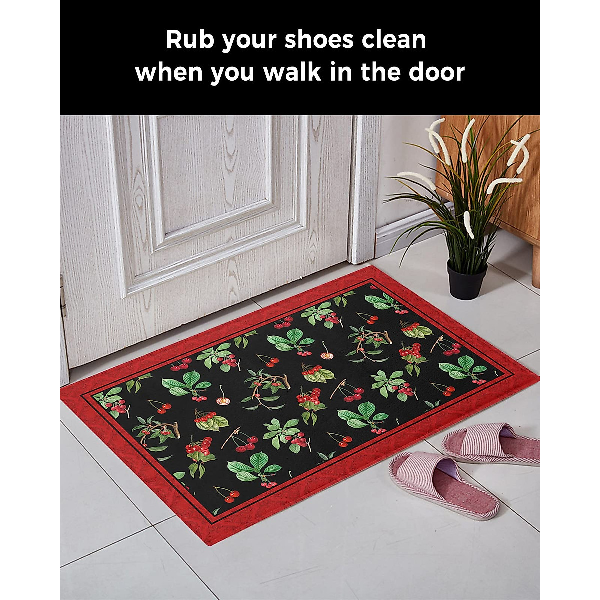 Red Cherry Farmhouse Fruit Luxurious European Flowers Bath Mats for Bathroom Non-Slip Absorbent Soft Plush Doormat Decor Rugs for Kitchen Bedroom Floor Mat 24" X 16"
