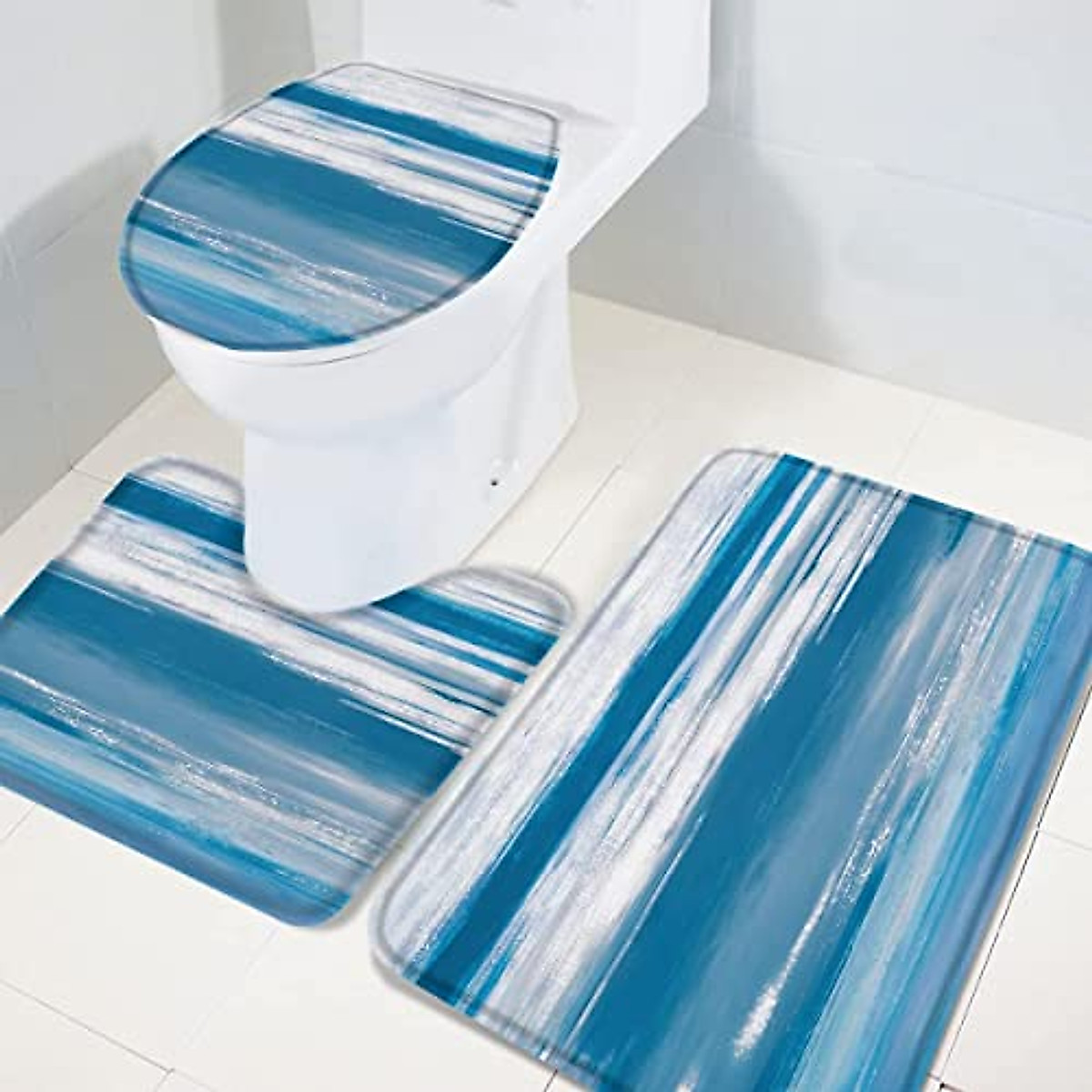 Fashion 3 Piece Bath Rugs Set Abstract Blue and Gray Art Textured Non Slip Ultra Soft Bathroom Accessories Mats, U Shape Mat and Toilet Lid Cover Mat Bath Mats