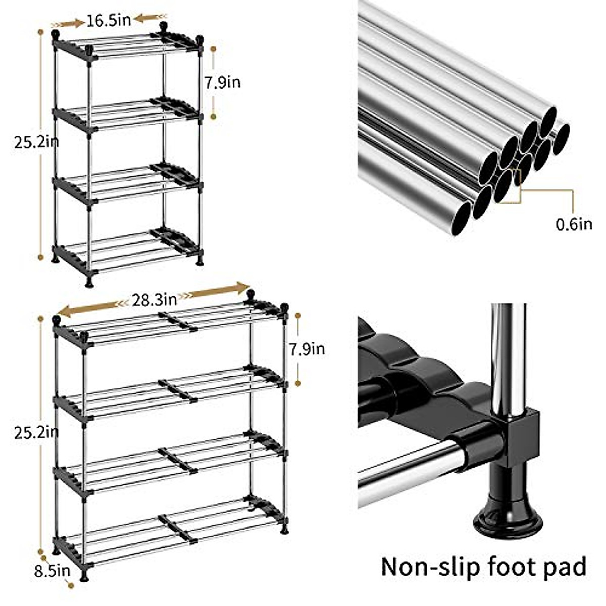 DUSASA Shoe Rack Organizer for Closet Entryway, 4-Tier Expandable Free Standing Shoe Rack Metal Iron of Adjustable Shoes Organizer, Stackable Shoe Shelf for Entryway Doorway