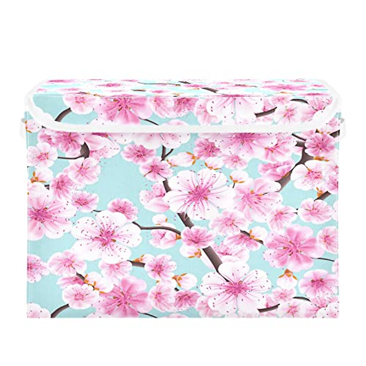 Kigai Cute Flowers Pink Storage Basket with Lid Collapsible Storage Bin Fabric Box Closet Organizer for Home Bedroom Office 1 Pack