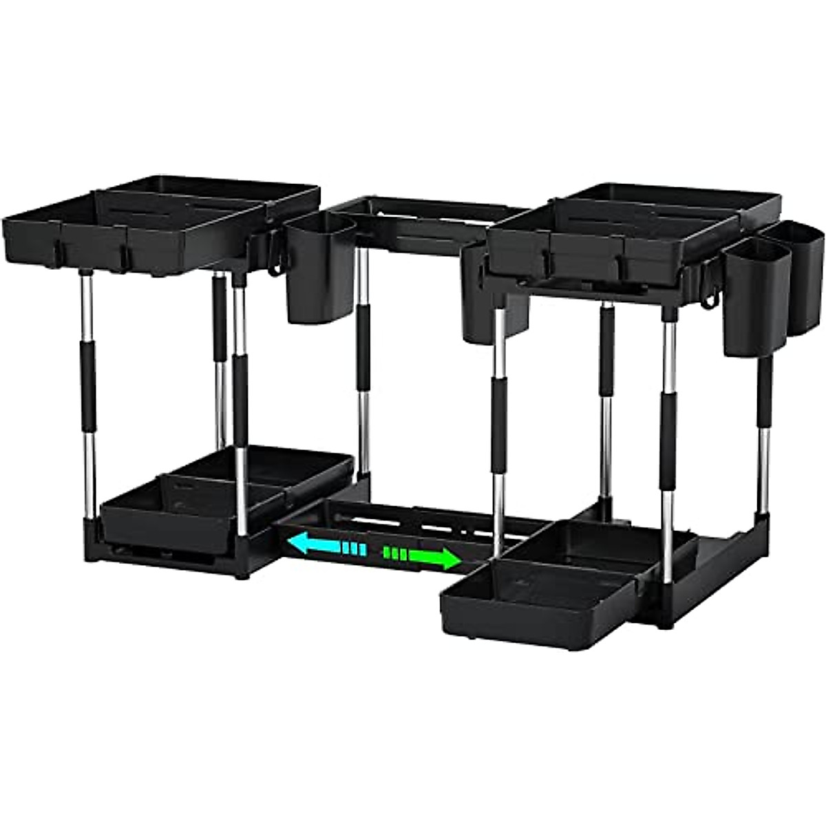 Double Sliding Under Sink Organizers and Storage - 2 Tier Pull Out Under Kitchen Cabinet Organizer w 4 Hanging Cup,8 Hooks,4 Dividers, Under Counter Sink Organization for Bathroom, Adjustable H and W