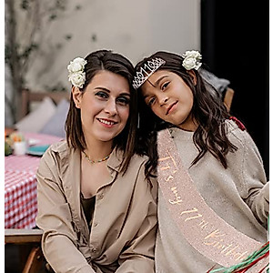 11th Birthday Decorations for Girls，Rose Gold 11 Birthday Crown Tiara ，Cake Topper, Birthday Sash with Peal Pin and Birthday Candles Kit,11th Birthday Gifts for Girls