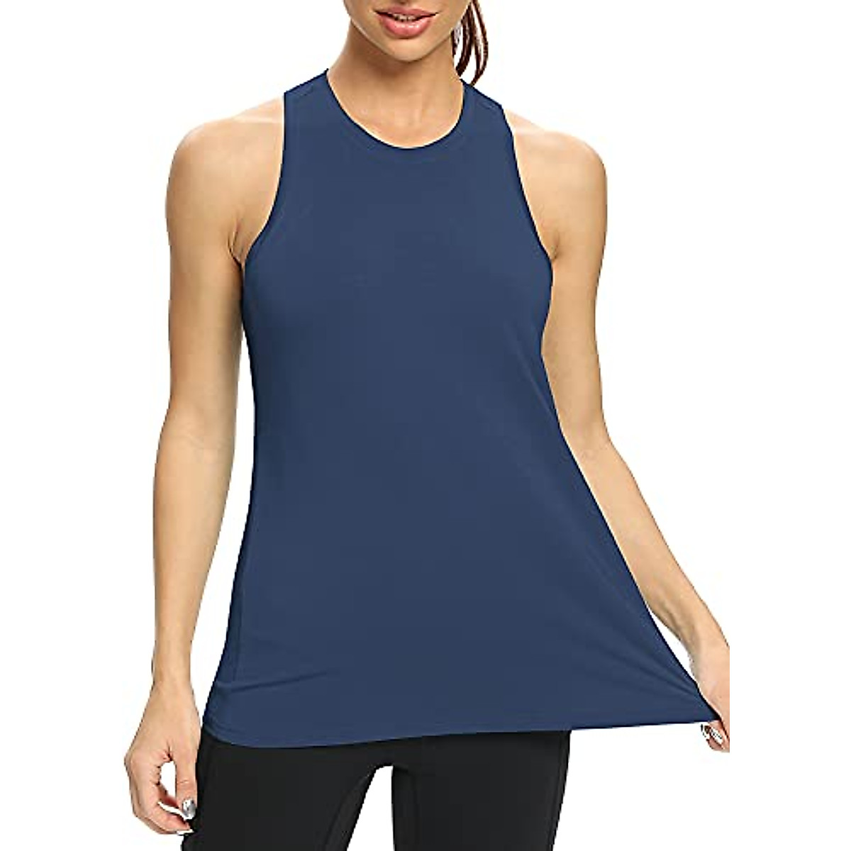 Mippo Workout Tank Tops for Women Loose Fit Yoga Shirts Athletic Top High Neck Racerback Tank Tops Cute Work Out Clothes Gym Tee Shirt Long Flowy Tank for Women Navy Blue S