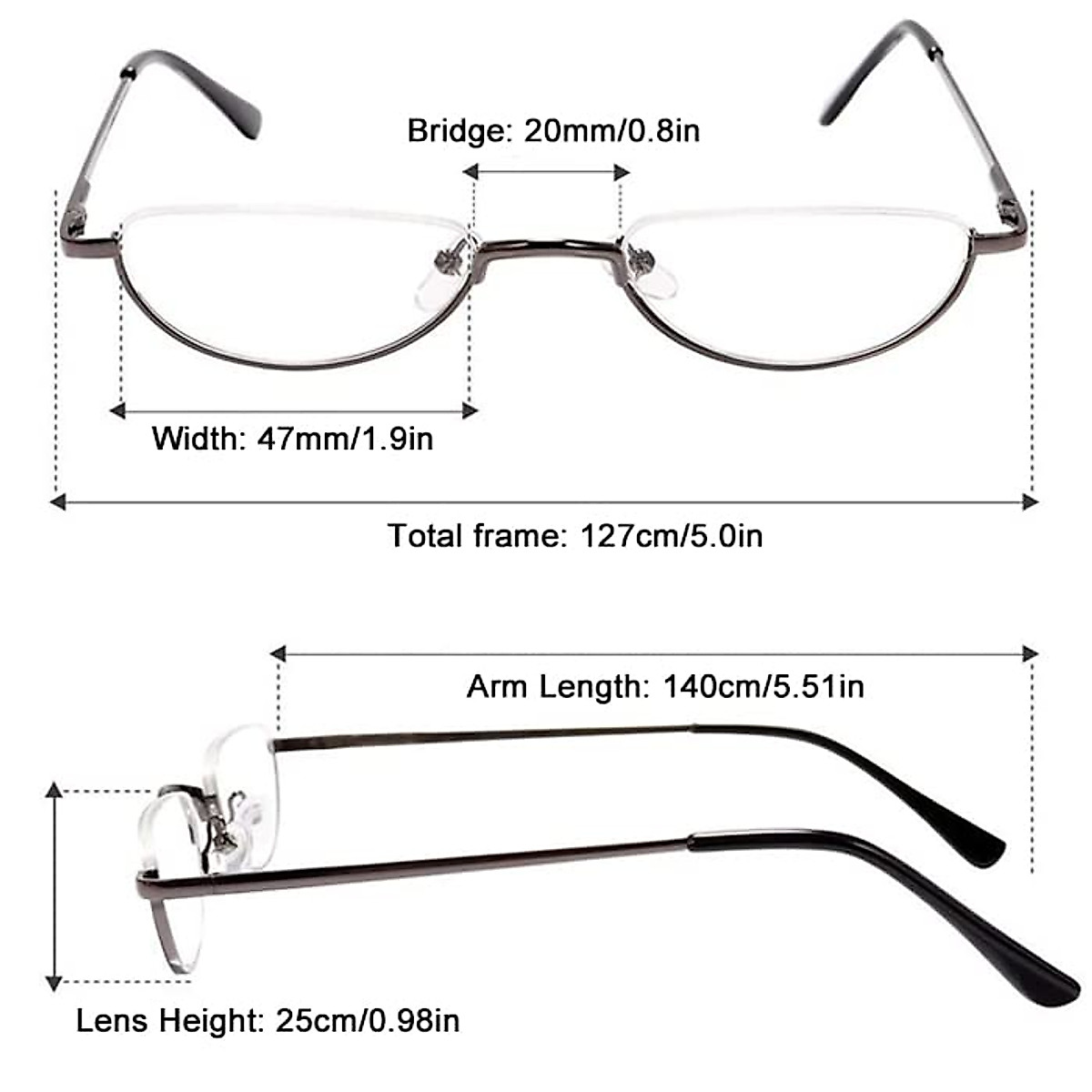 REAVEE 2 Pack Retro Designer Half Moon Reading Glasses Women Men Spring Hinge Half Frame Readers Stylish Slim Eyeglasses with Pouch,Red and Gun Grey 2.0