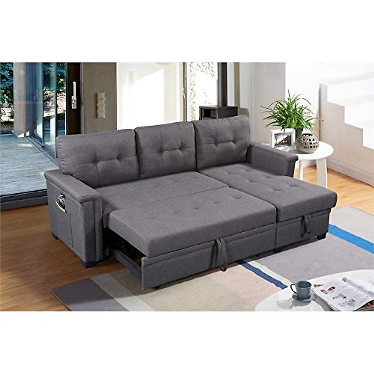 BOWERY HILL Fabric Gray Reversible Sleeper Sofa Storage Chaise with USB Ports